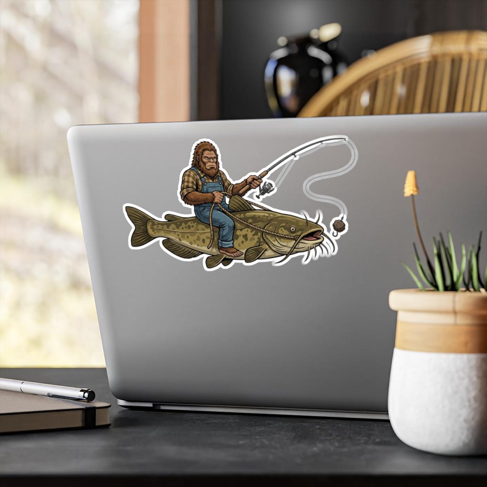 Flathead Catfish Bigfoot Sticker Sasquatch Riding Fish Funny Fishing ...