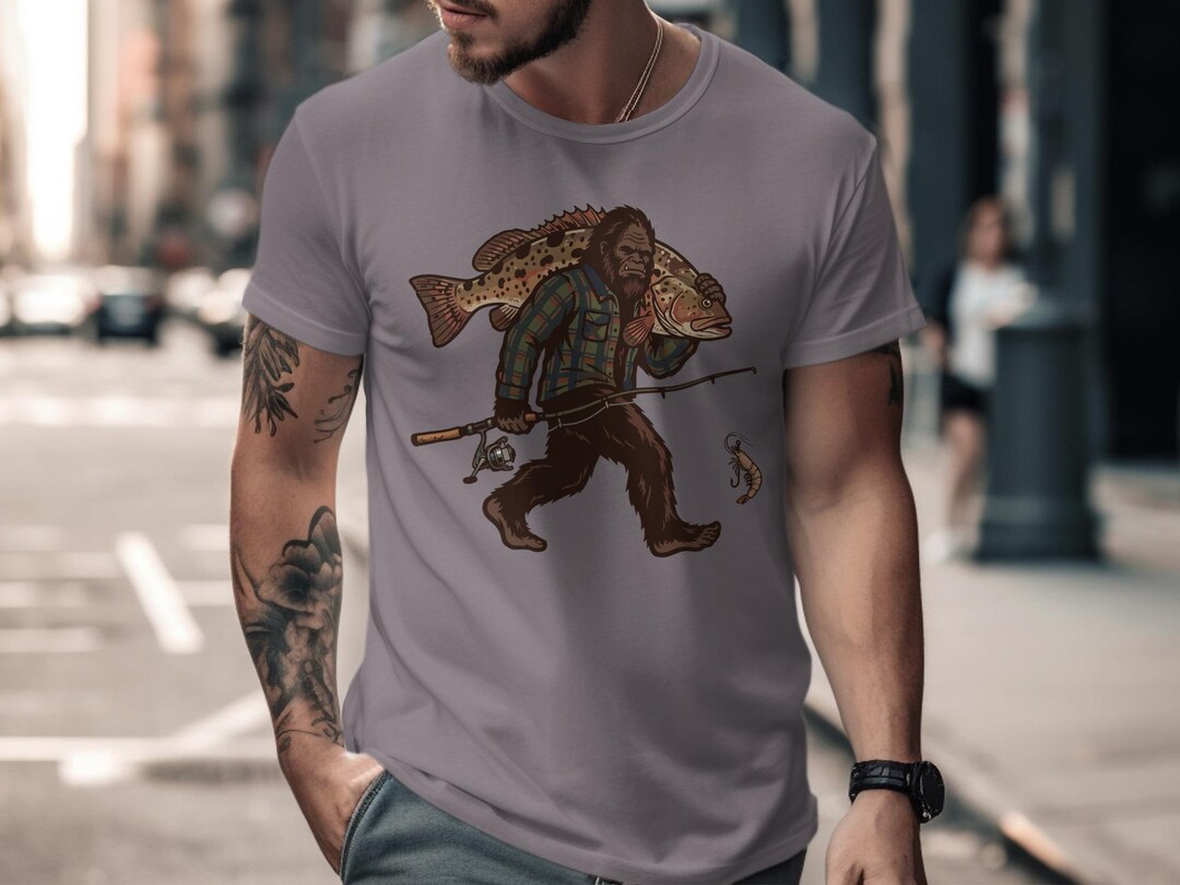 Bigfoot Carrying Grouper Trophy Fish T-shirt Sasquatch Fishing Shirt ...