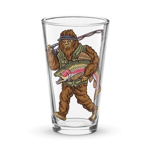 Bigfoot Rainbow Trout Fishing Pint Shaker Glass-unique Sasquatch Angler ...