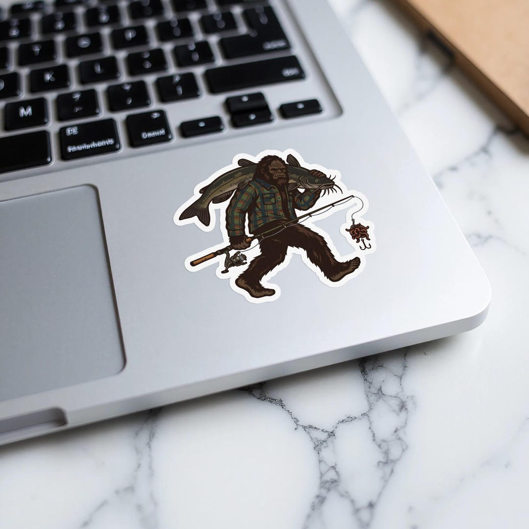 Bigfoot Carrying Trophy Catfish Kiss Cut Sticker, Funny Fishing ...