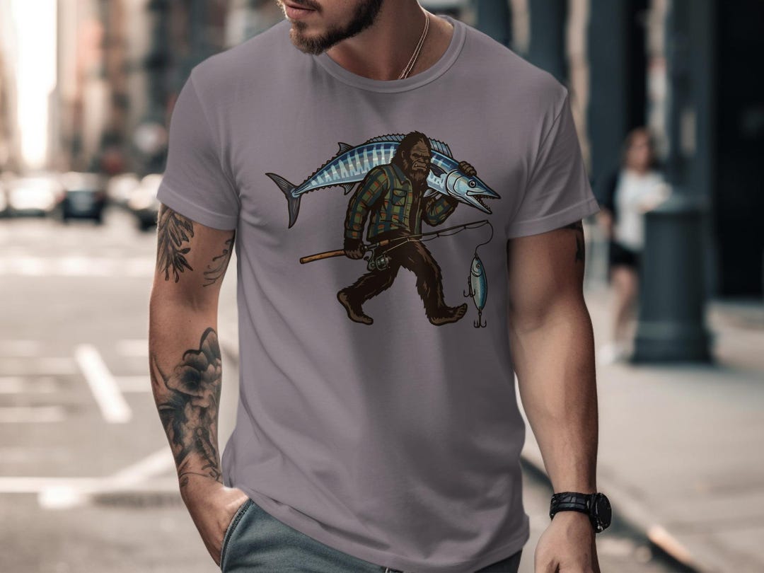Bigfoot Carrying Wahoo Trophy Fish T-shirt Sasquatch Fishing Shirt ...