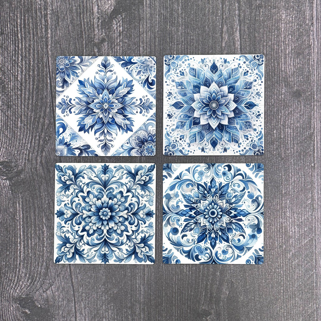 Blue and White Coasters, Sandstone Coasters, Blue and White Decor ...