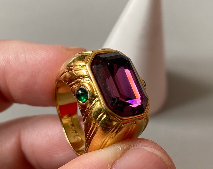 Monet Ring, Goldtone Signet Ring With Faux Amethyst and Faux Emerald ...