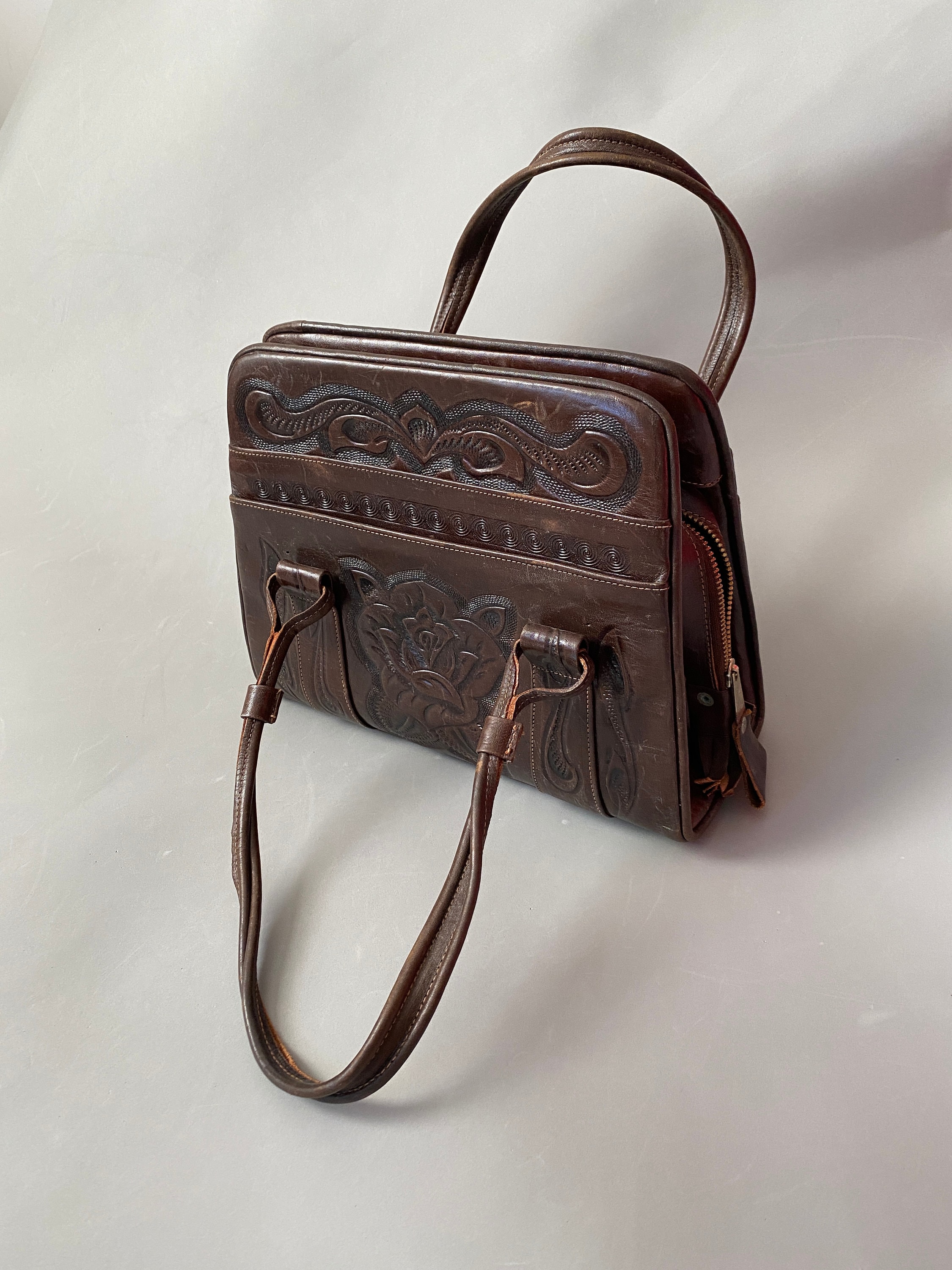 Genuine Embossed Leather Vintage Brown Bag From the 1960, Floral Hand ...