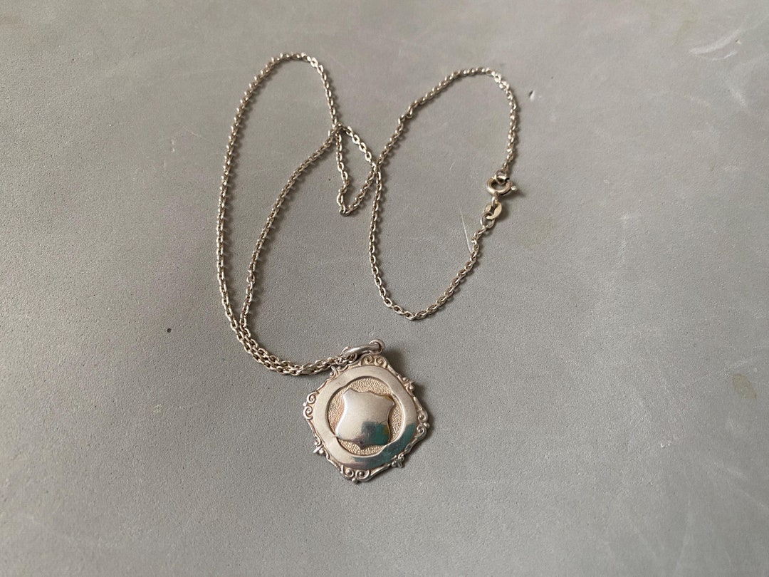 Edwardian Silver Plated Shield Fob Pendant Necklace: Engravable Vacant ...