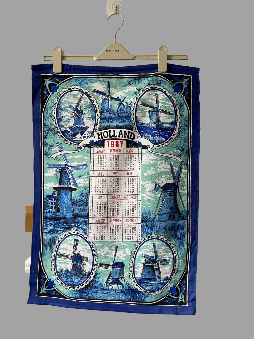 Vintage 1987 Holland Delft - Blue Calendar Tea Towel: Dutch Windmills ...