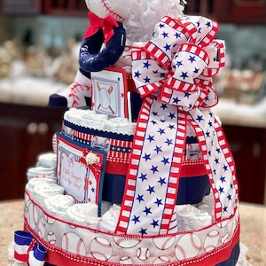 Baseball Diaper Cake W/plush Ring Rattle, Baseball Booties, Brush/comb ...