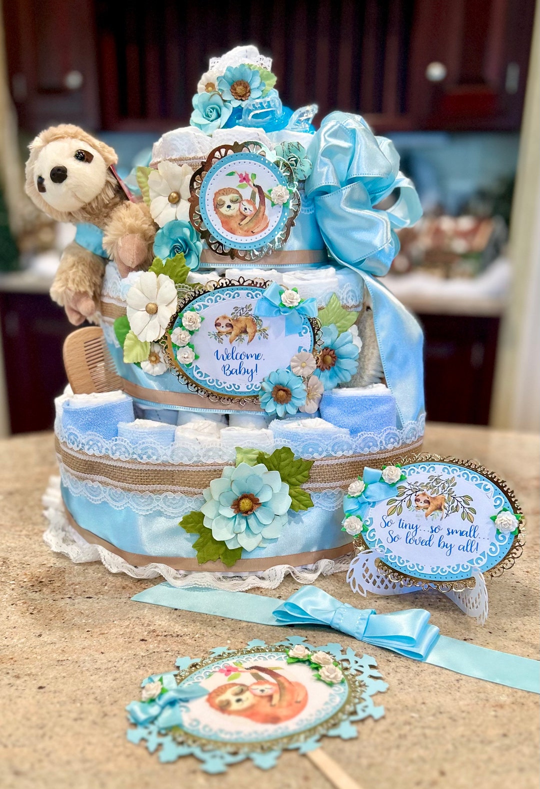 Sloth Diaper Cake, W/plush Sloth, Brush/comb, Pacifiers, Washcloths ...
