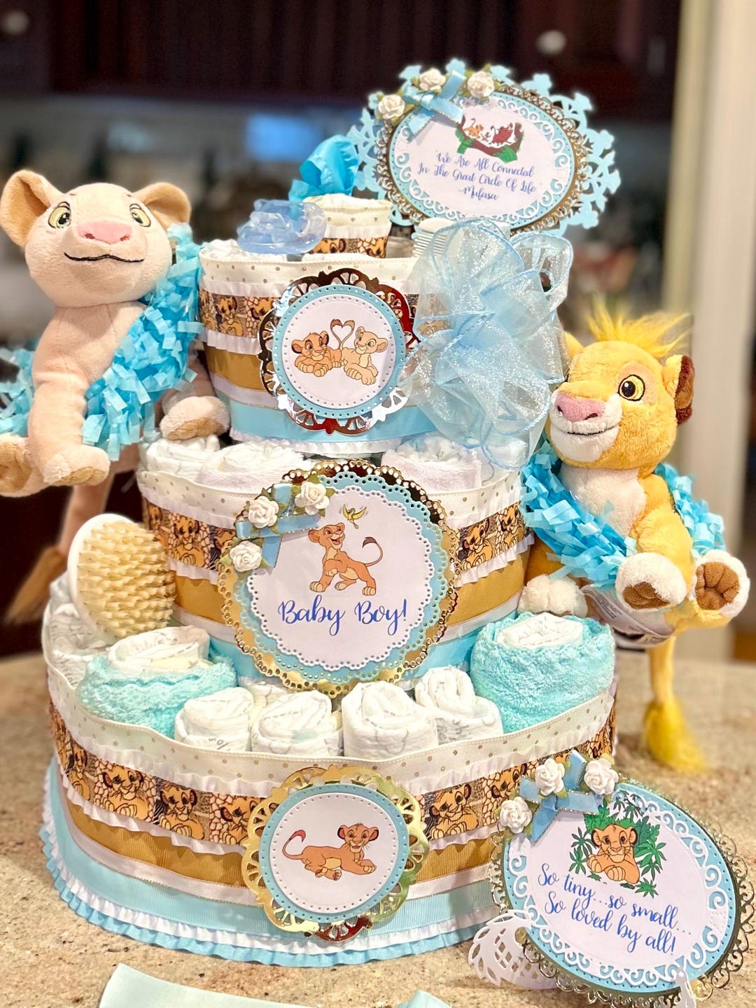 Premium 4 Tier Lion King Diaper Cake, 2 Stuffed Lions Nala and Simba ...