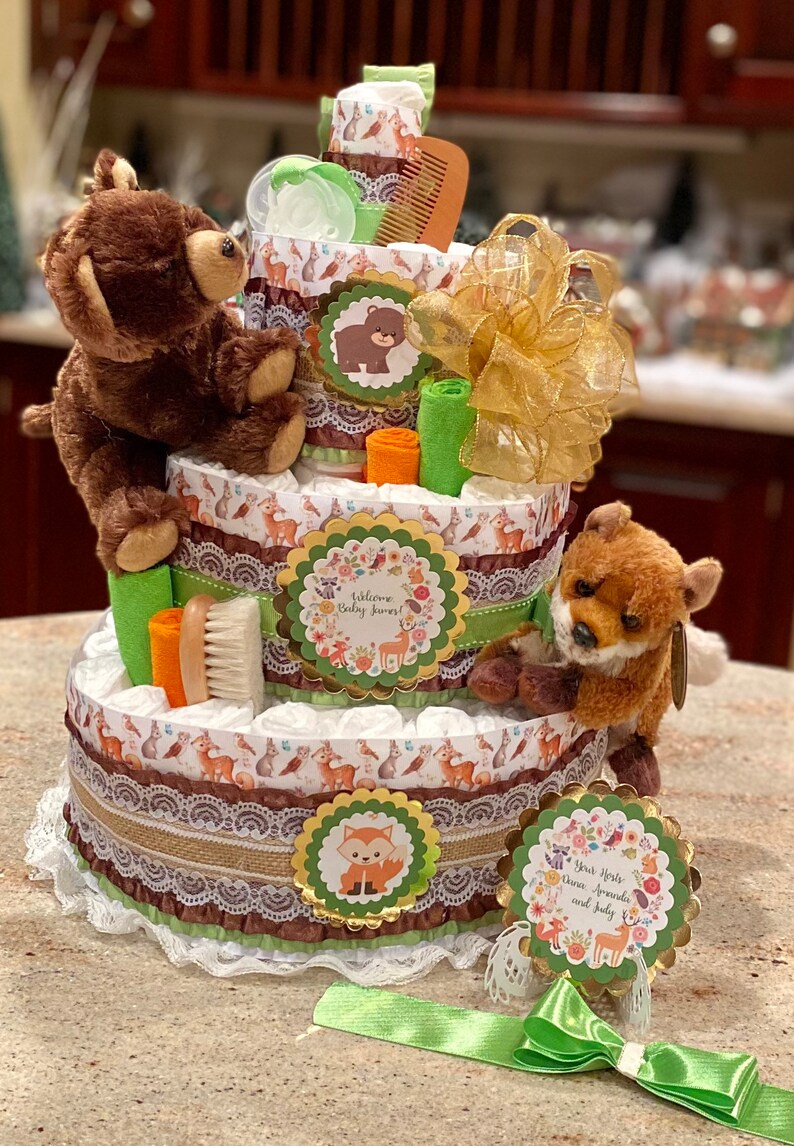 Premium 4 Tier Woodland Animals Diaper Cake With 2 Stuffed - Etsy