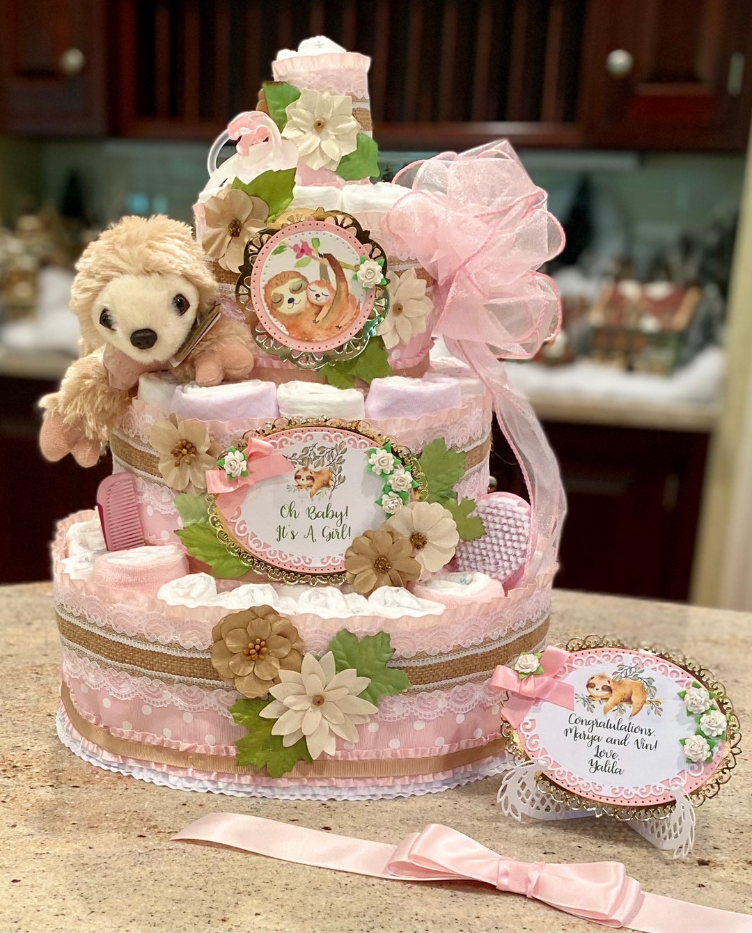 Premium 4 Tier Sloth Diaper Cake With Stuffed Sloth - Etsy