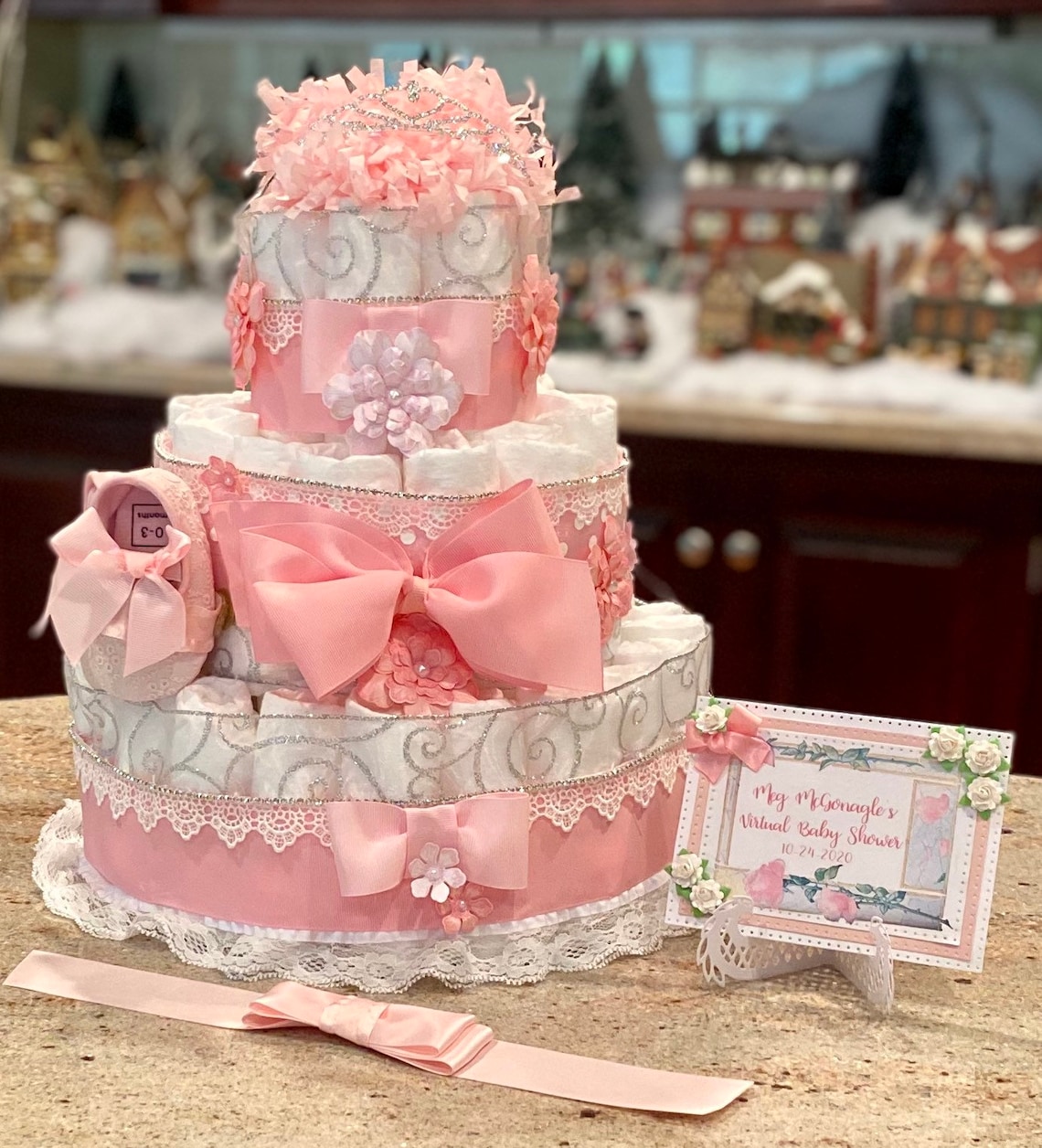 Premium 4 Tier Pink Princess Diaper Cake With Pink Crib Shoes - Etsy