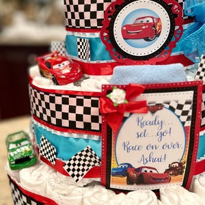 Premium 4 Tier Race Car Diaper Cake With 6 Piece Diecast Race Car Set ...