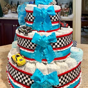 Premium 4 Tier Race Car Diaper Cake With 6 Piece Diecast Race Car Set ...