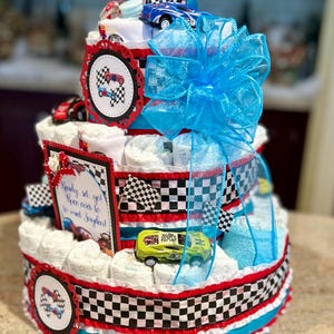 Premium 4 Tier Race Car Diaper Cake With 6 Piece Diecast Race Car Set ...