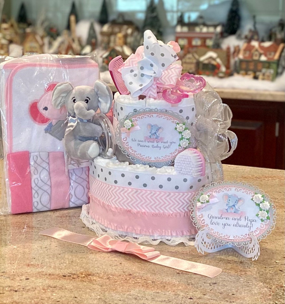 Premium 3 Tier Pink Elephant Diaper Cake With Stuffed Elephant ...