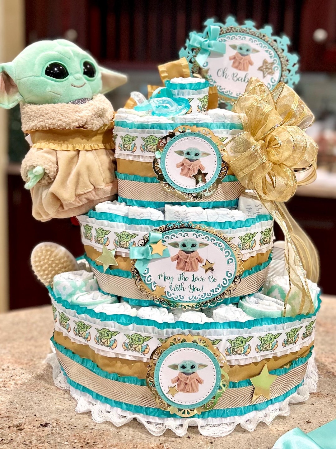 Baby Yoda Star Wars Diaper Cake W/ Plush Yoda, Brush/comb, Pacifiers ...