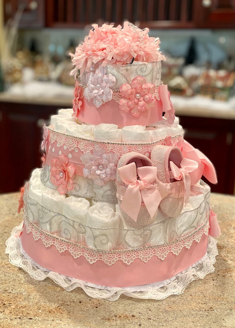 Premium 4 Tier Pink Princess Diaper Cake With Pink Crib Shoes - Etsy