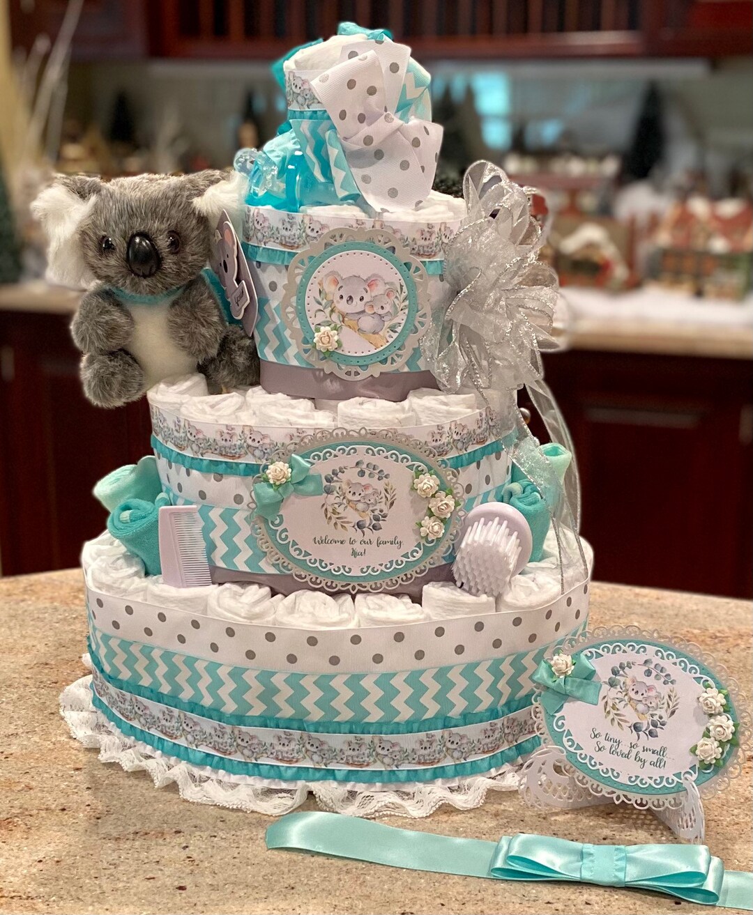 Premium 4 Tier Koala Bear Diaper Cake Teal and Silver Gray - Etsy