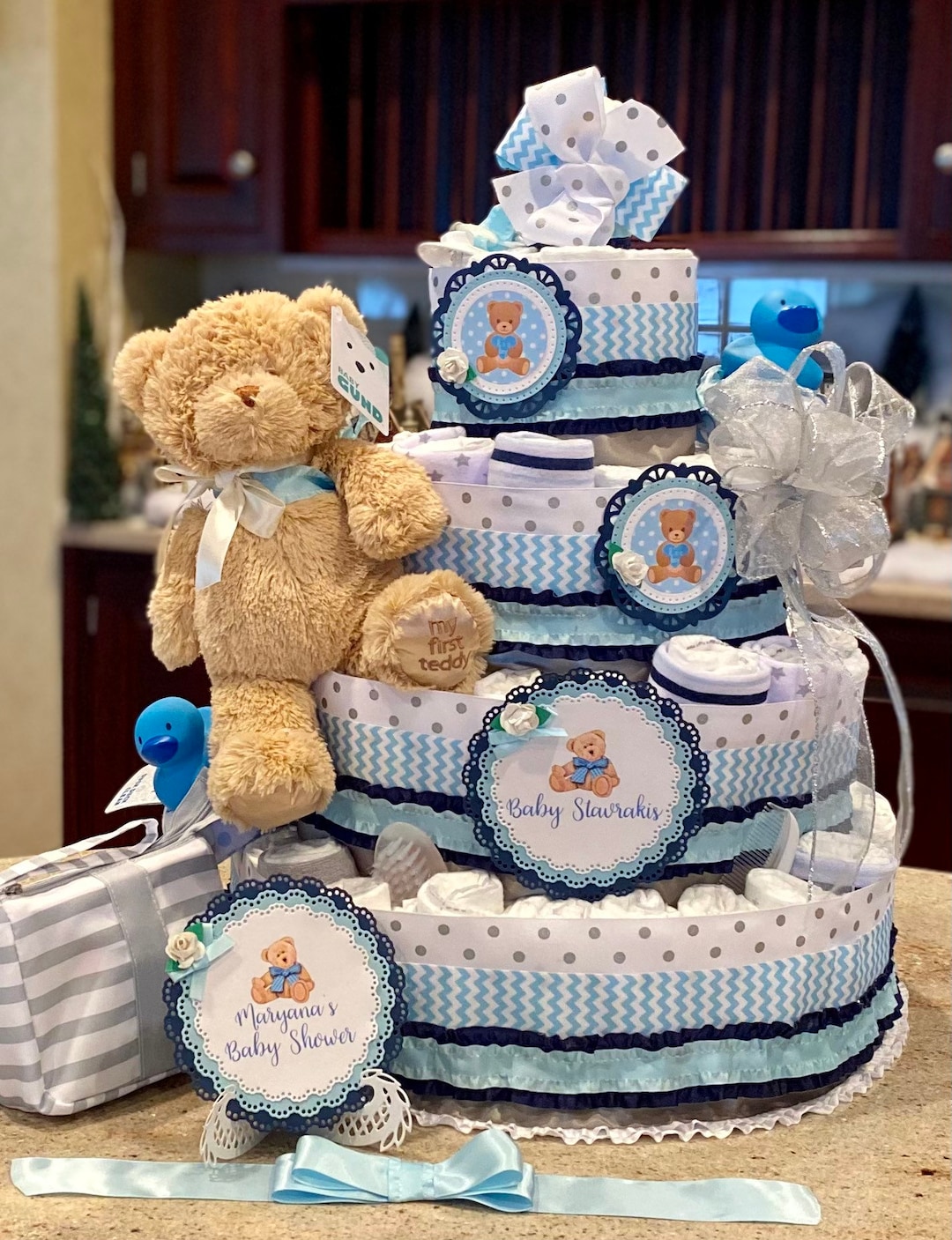 Premium 4 Tierteddy Bear Diaper Cake With Stuffed 10 Bear, Pacifiers, Brush/comb, Washcloths ...