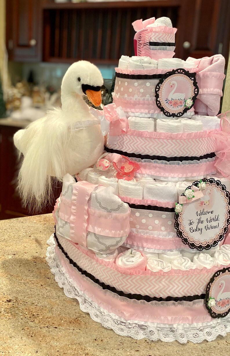 Premium 5 Tier Swan Diaper Cake With 13 Stuffed Swan - Etsy