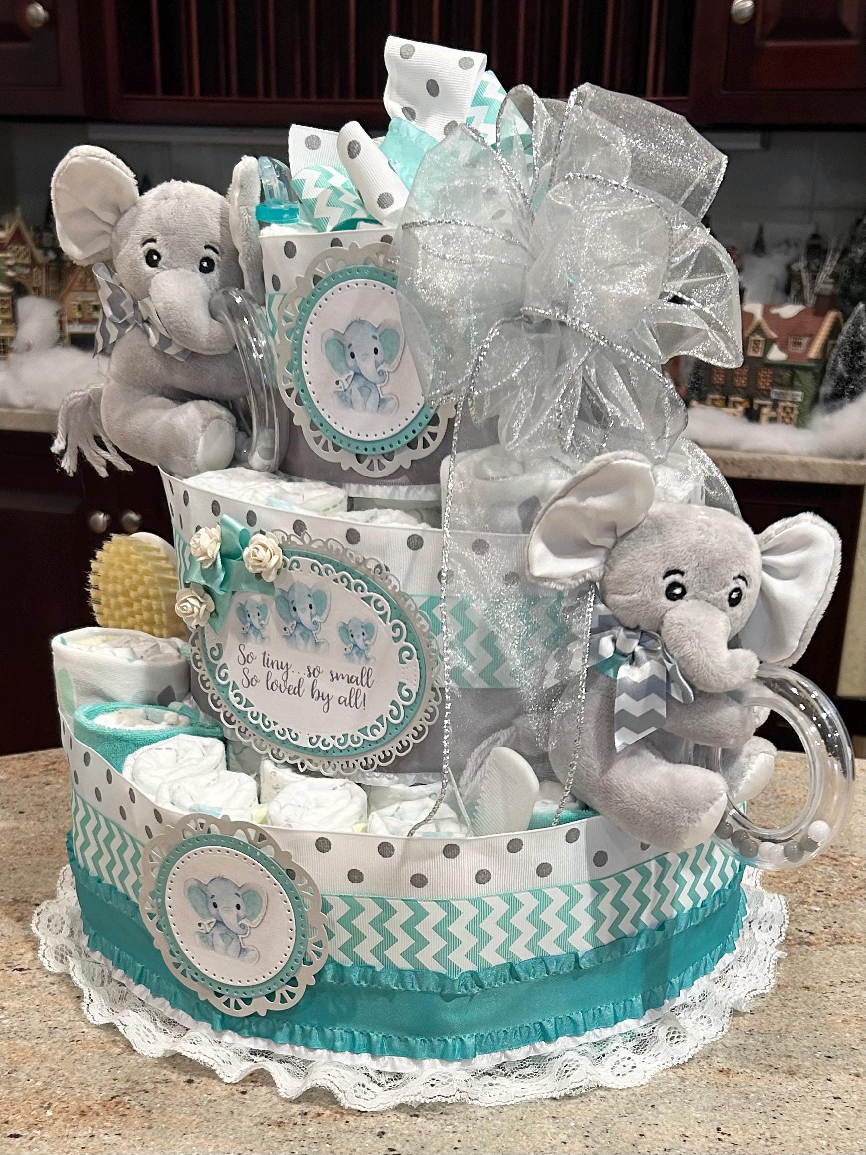 Twins Diaper Cake W/2 Elephant Ringrattles, Pacifiers, Brush/comb ...