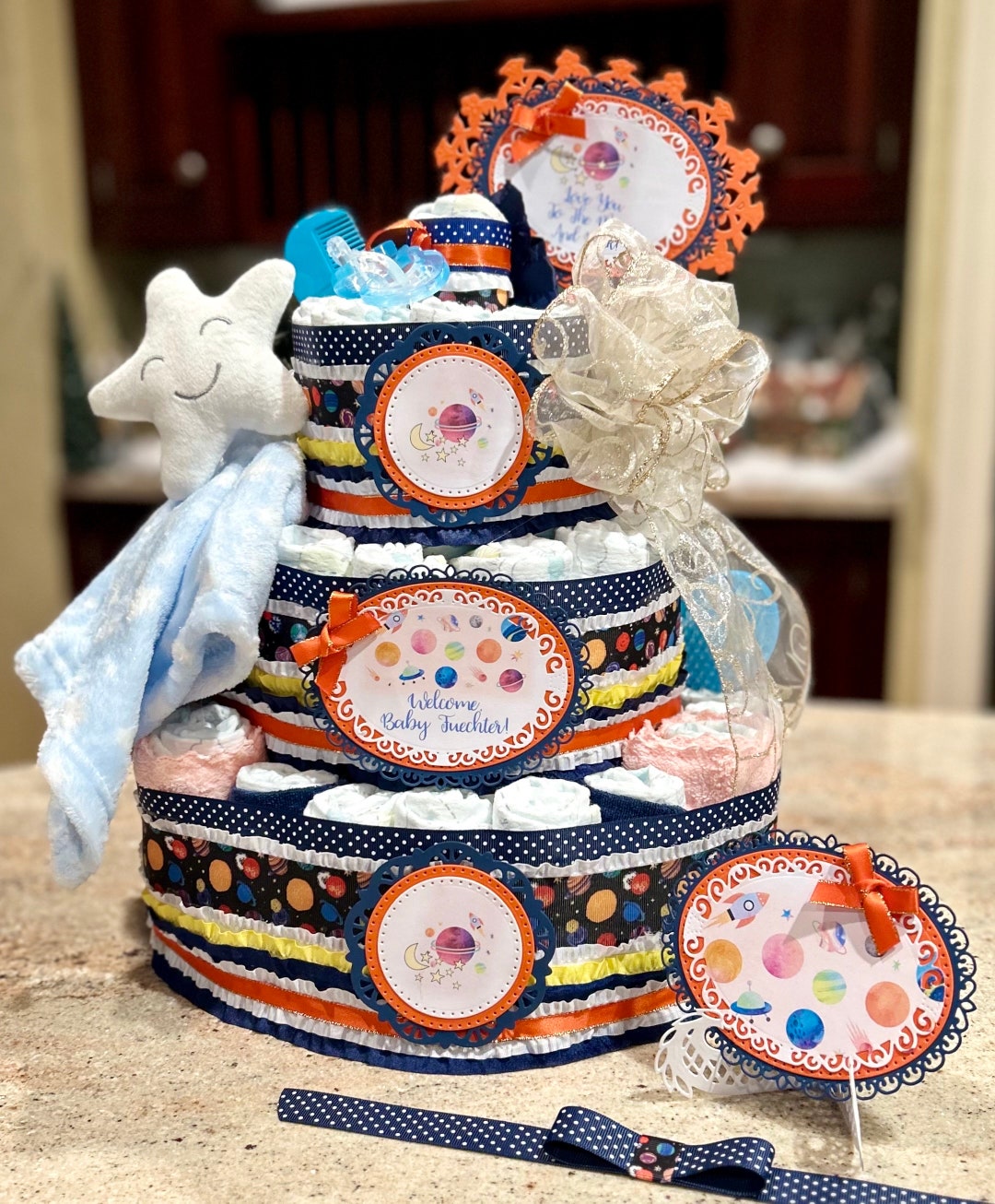 Solar System Planet Diaper Cake W/ Snuggle Blanket, Pacifiers, Brush ...