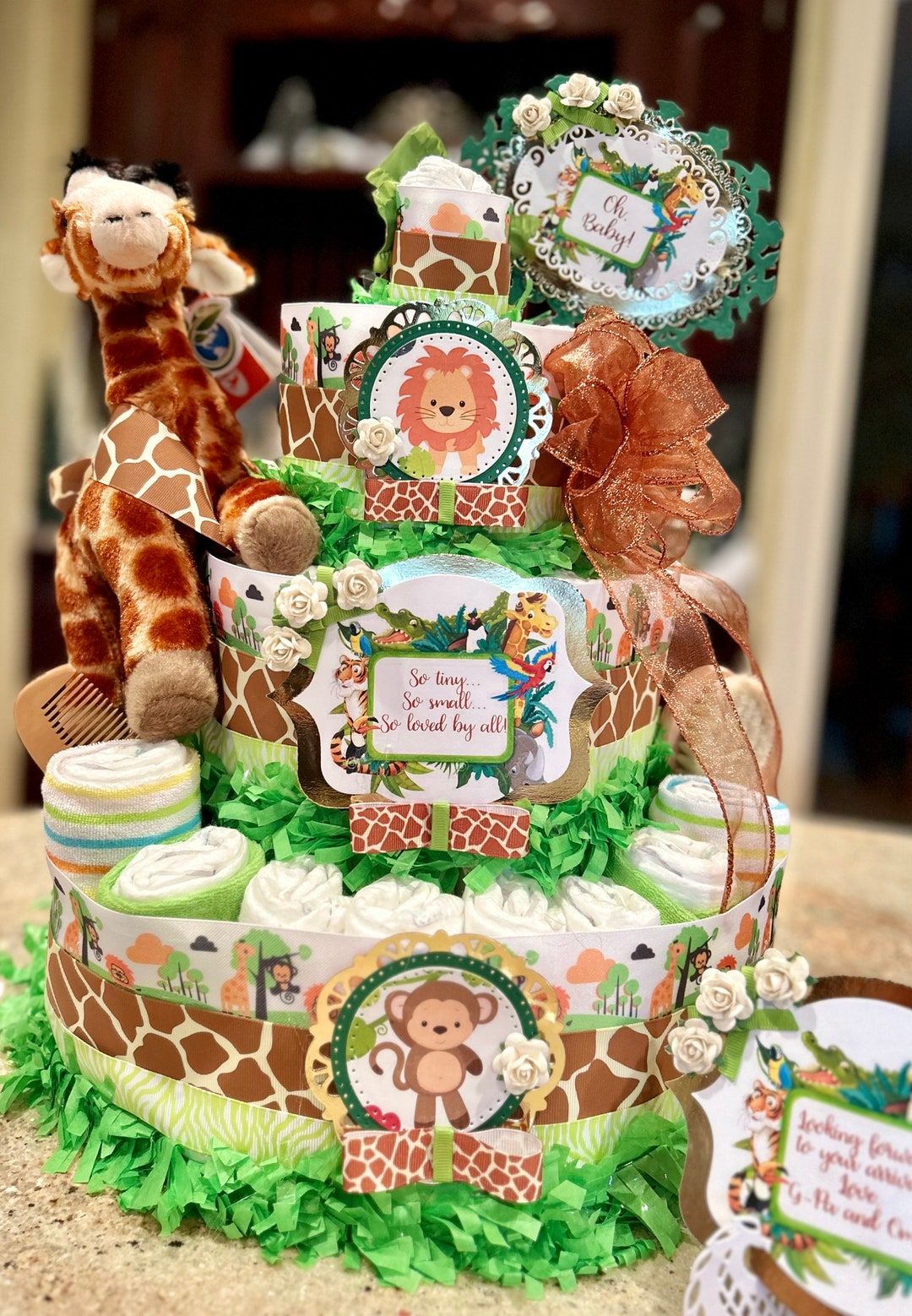 Premium 4 Tier Jungle Safari Diaper Cake With Stuffed Animal - Etsy