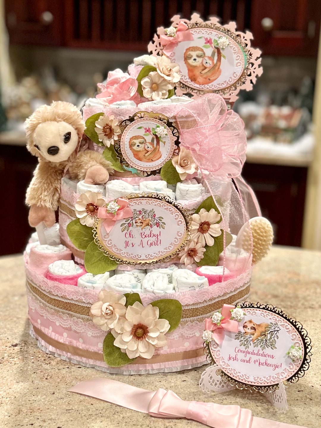 Premium 4 Tier Sloth Diaper Cake With Stuffed Sloth, Pacifiers, Brush ...