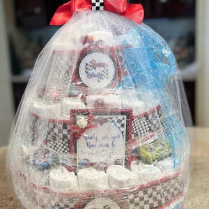 Premium 4 Tier Race Car Diaper Cake With 6 Piece Diecast Race Car Set ...