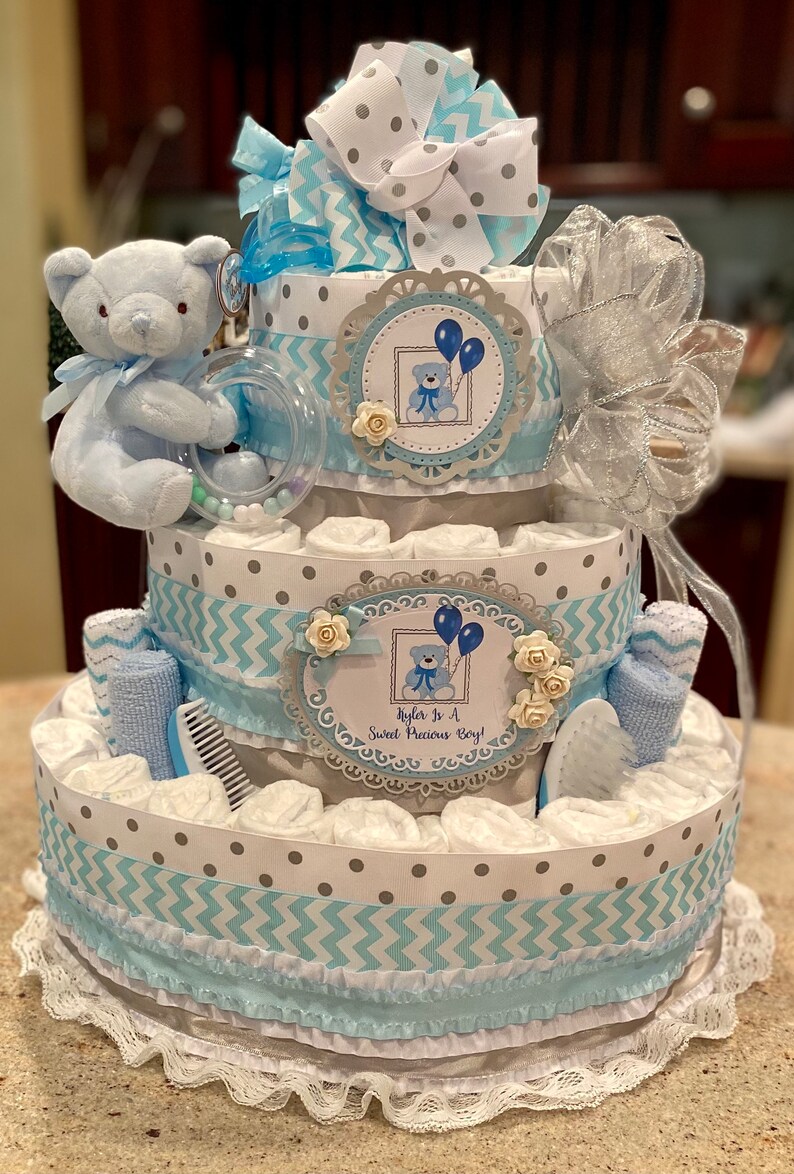 Premium 4 Tier Teddy Bear Diaper Cake With Blue Stuffed Bear - Etsy