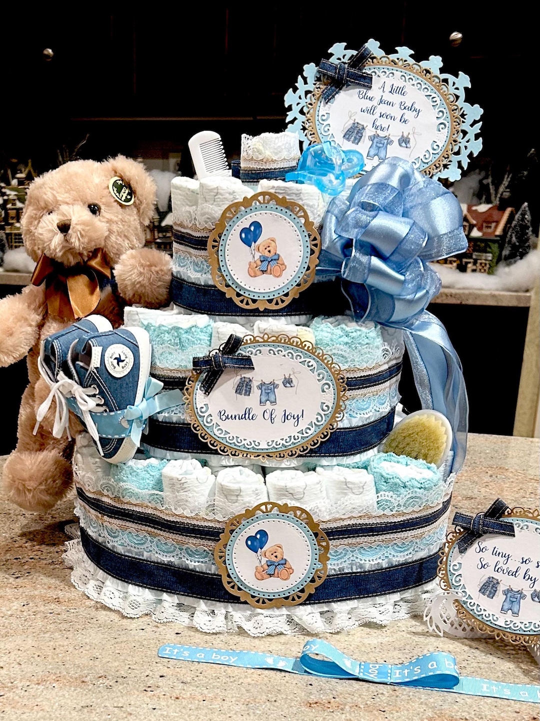 Blue Jean Baby Diaper Cake With Plush Bear, Newborn Sneakers, Brush ...