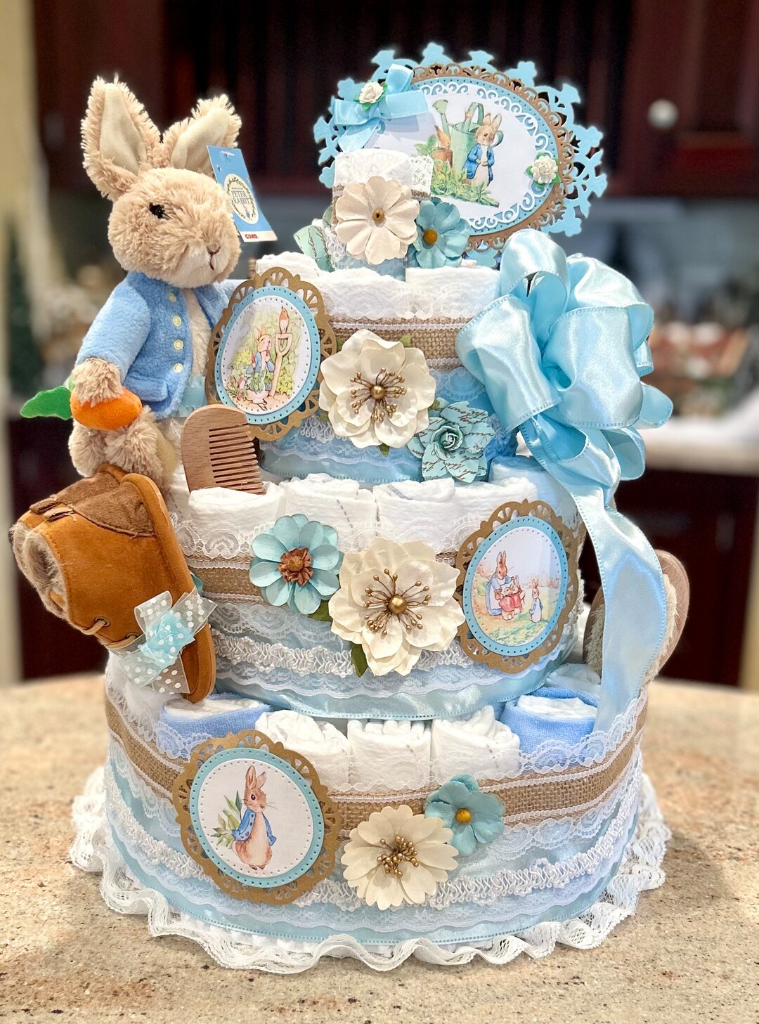 Premium 4tier Peter Rabbit Diaper Cake, Blue or Pink, Stuffed Peter ...