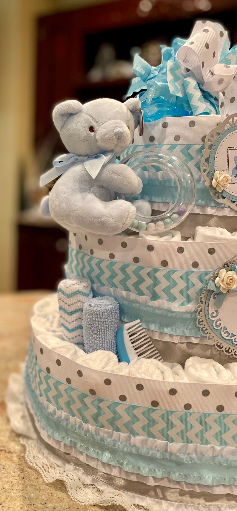 Premium 4 Tier Teddy Bear Diaper Cake With Blue Stuffed Bear - Etsy