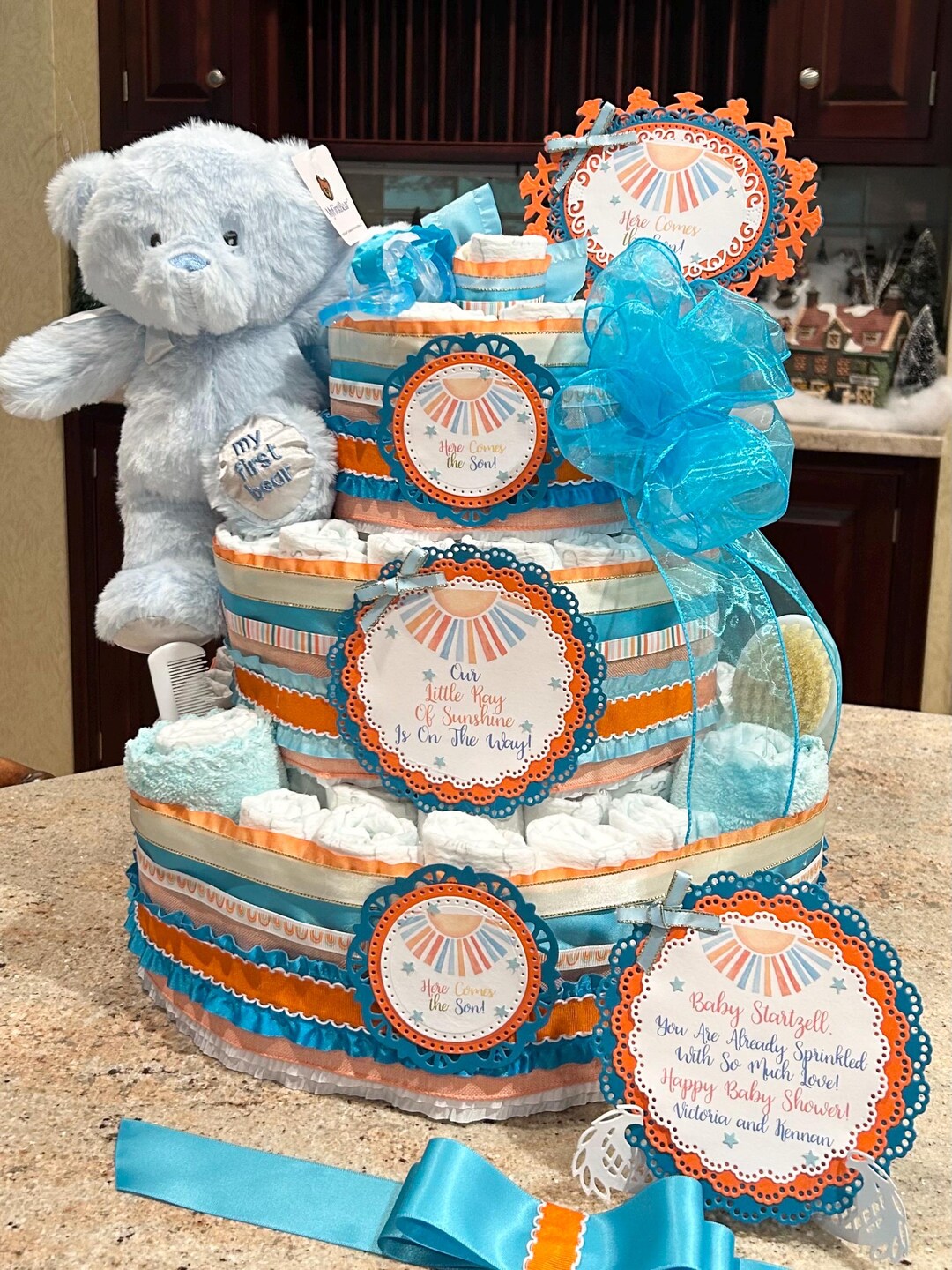 Premium 4 Tier Here Comes the Son Diaper Cake With Plush Bear, Brush ...