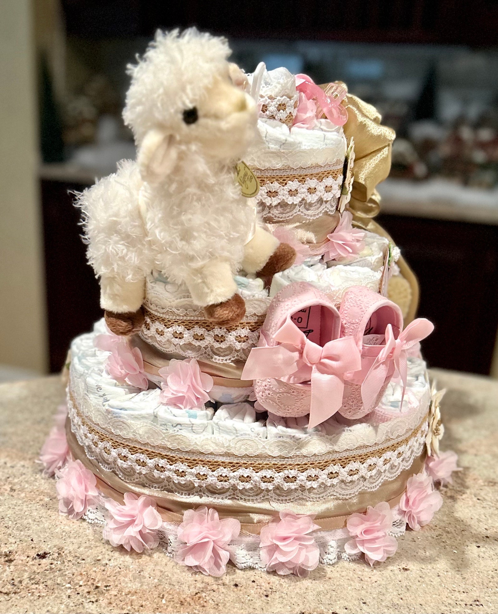 Lamb Diaper Cake W/plush Lamb, Crib Shoes, Pacifiers, Brush/comb ...