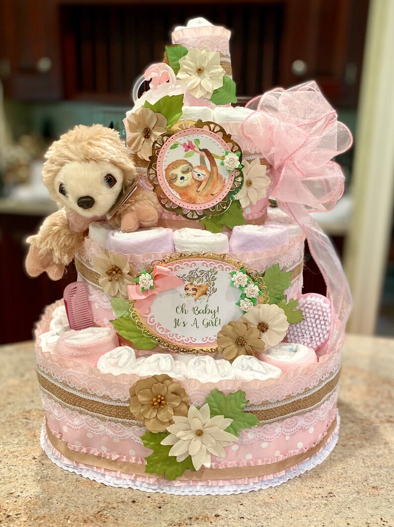 Premium 4 Tier Sloth Diaper Cake With Stuffed Sloth - Etsy