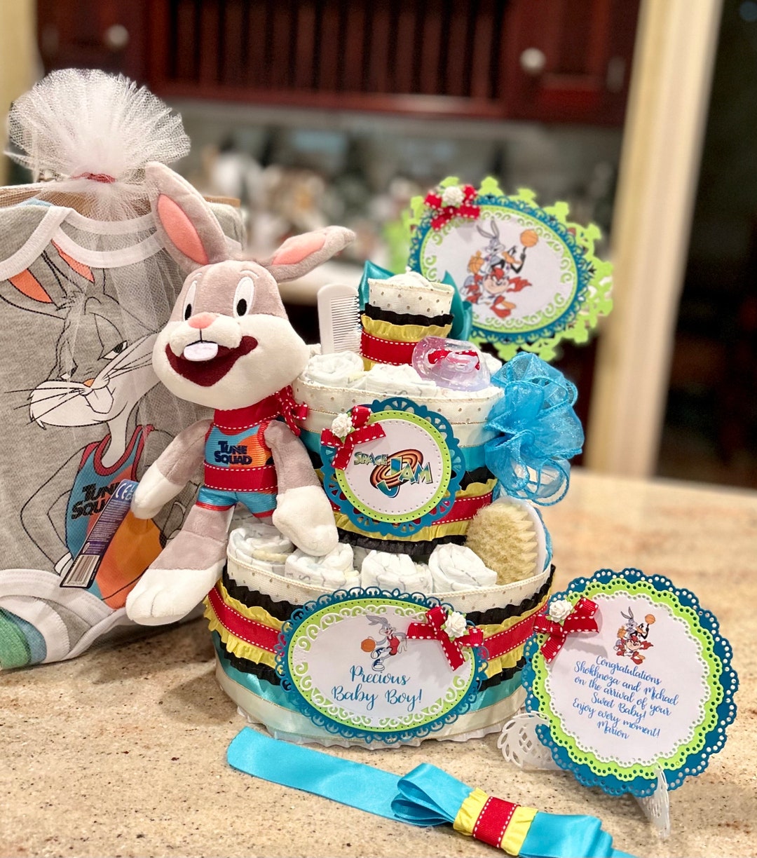 Premium 3 Tier Space Jam Diaper Cake, Includes Stuffed Toy, Pacifiers ...
