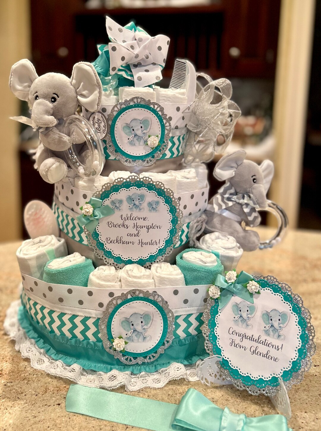 Premium 4 Tier Twins Diaper Cake With 2 Stuffed Elephants, Pacifiers ...