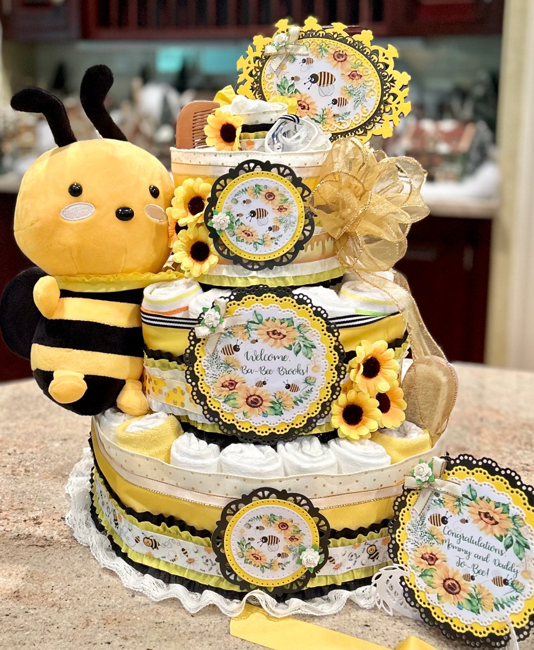 Bumblebee Diaper Cake W/plush Bumblebee, Silk Daisies, Pacifiers, Brush ...