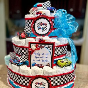 Premium 4 Tier Race Car Diaper Cake With 6 Piece Diecast Race Car Set ...