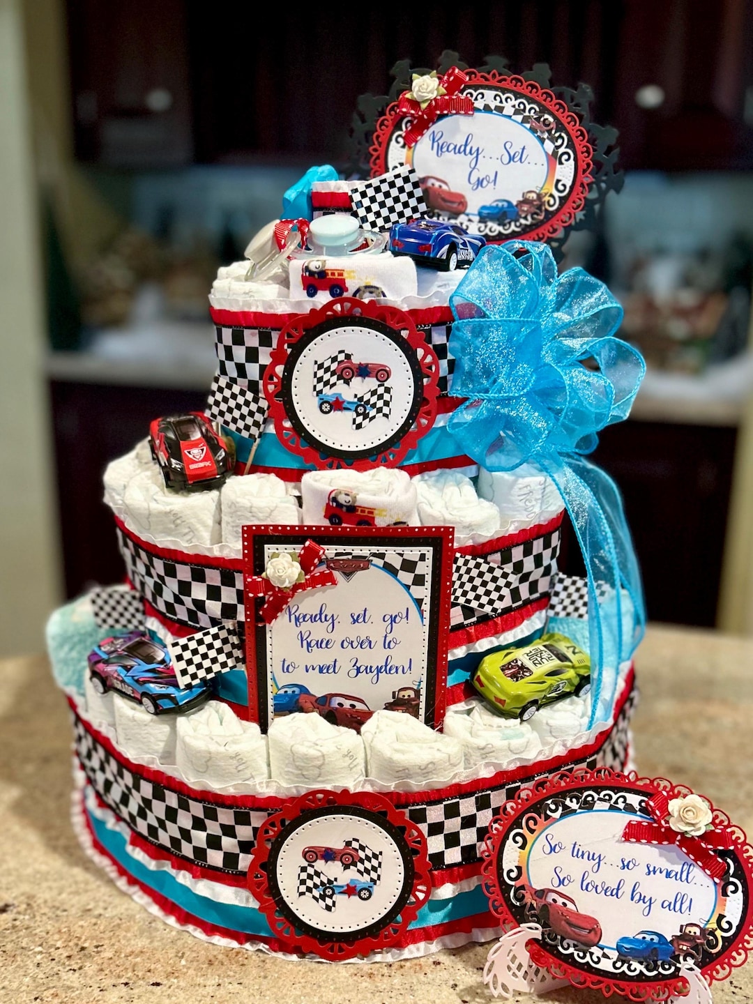 Premium 4 Tier Race Car Diaper Cake With 6 Piece Diecast Race Car Set ...