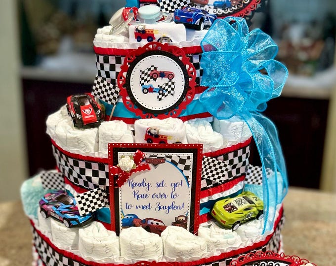 Premium 4 Tier Race Car Diaper Cake With 6 Piece Diecast Race Car Set ...