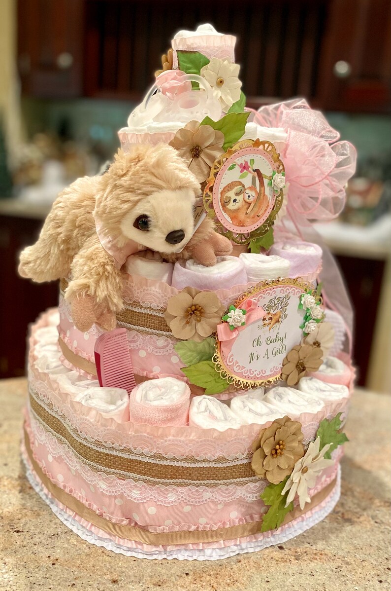 Premium 4 Tier Sloth Diaper Cake With Stuffed Sloth - Etsy