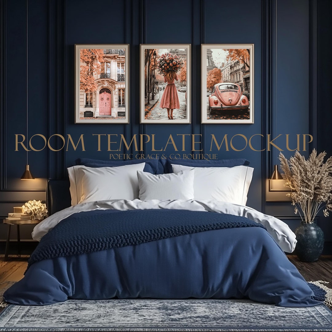 Room Template Mockup | Boho Style Mockup | Blue Wall Mockup| Canvas ...