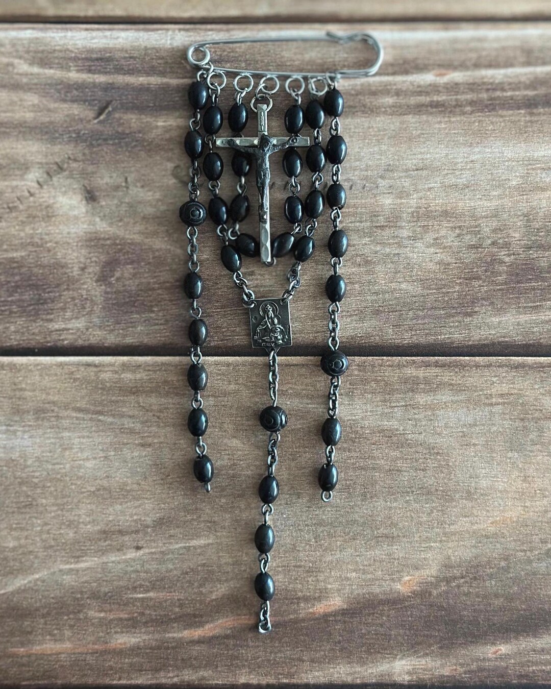 Black Rosary Safety Pin Brooch; Vintage Repurposed Religious Charm ...