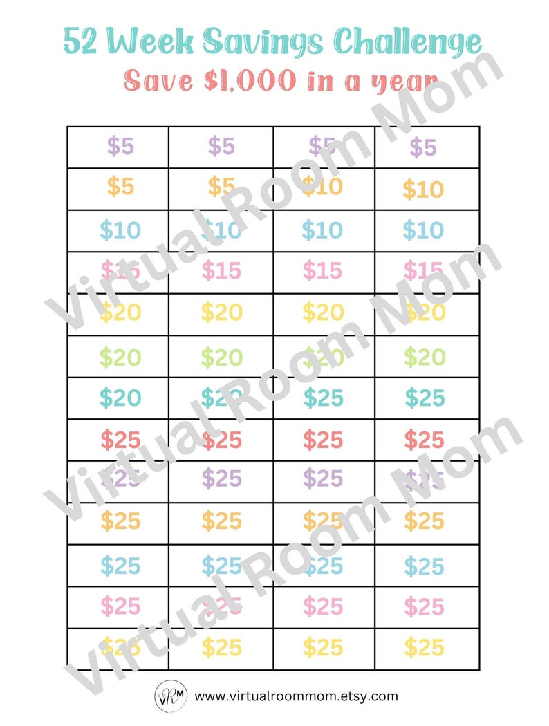 52 Week Savings Challenge Tracker Instant Digital Download Save One ...