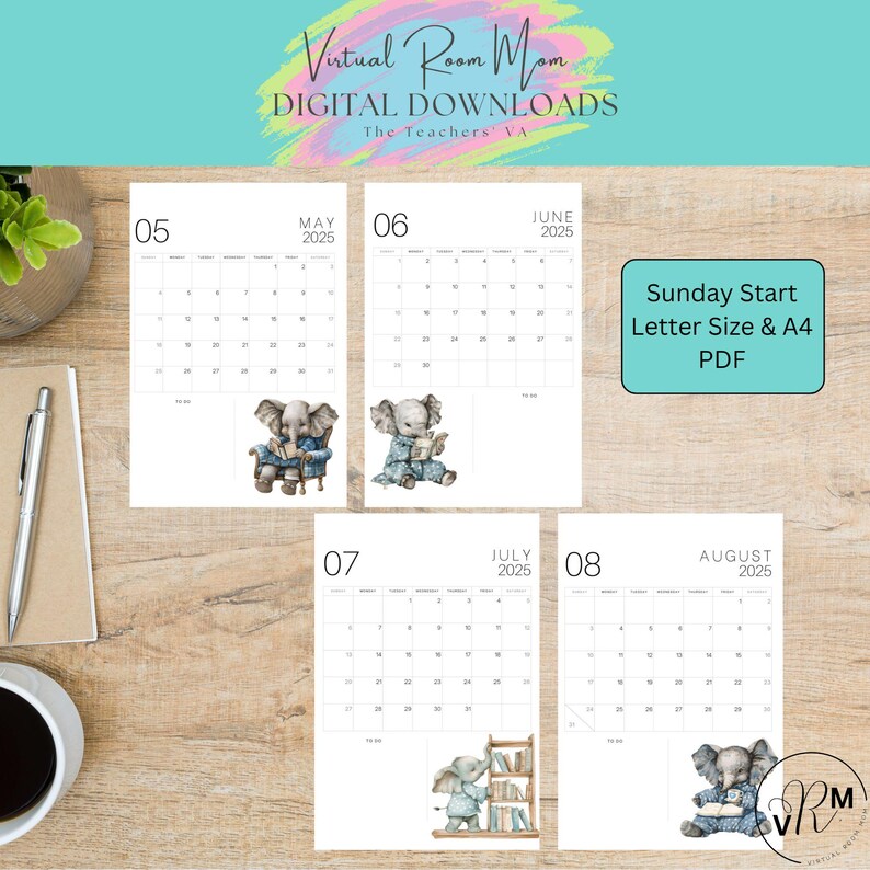 2025 Editable Monthly Calendar Sunday Starts Baby Reading Elephants ...
