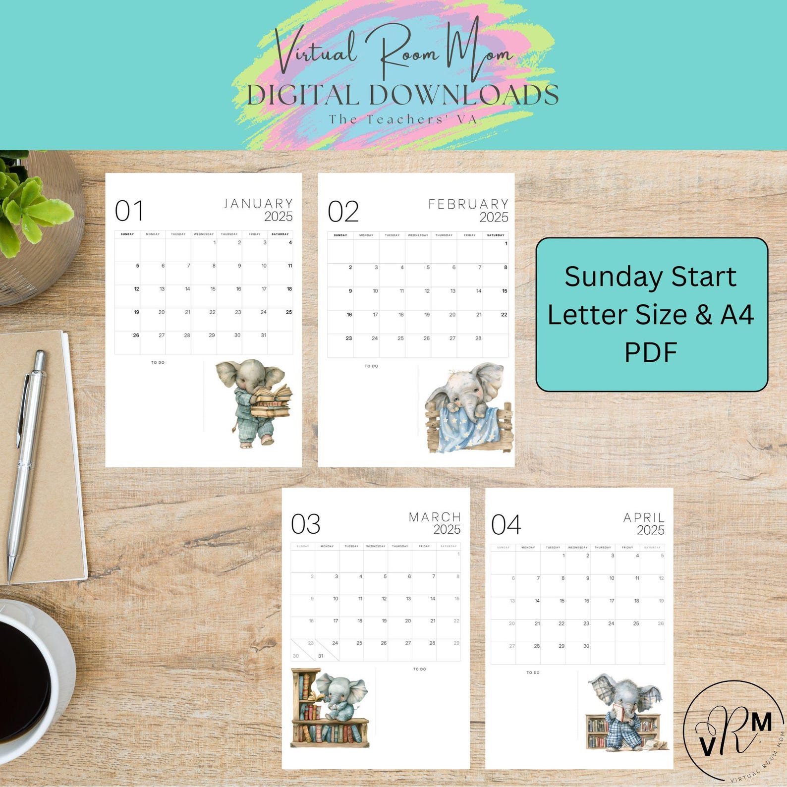 2025 Editable Monthly Calendar Sunday Starts Baby Reading Elephants ...
