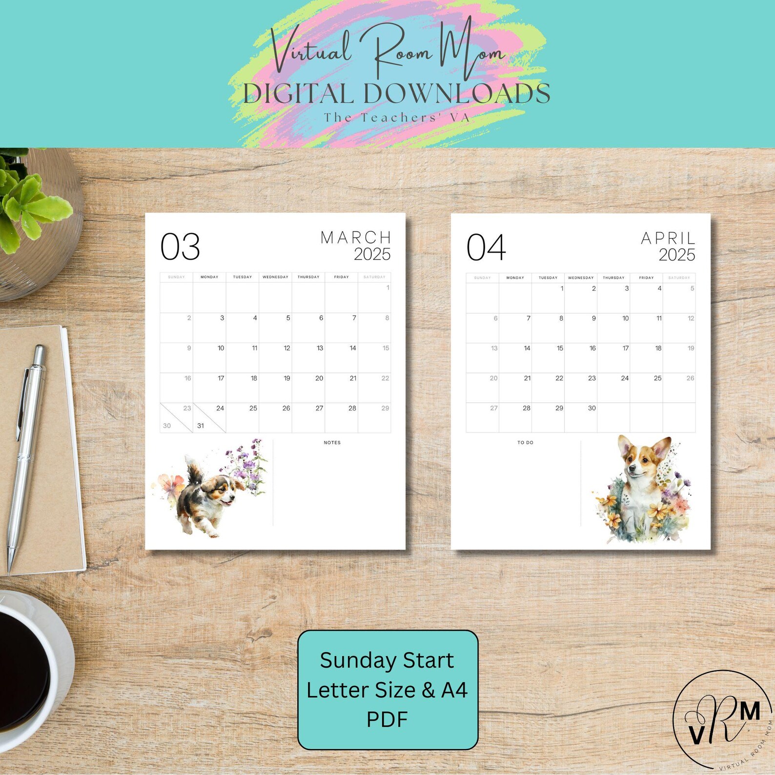 2025 Editable Monthly Calendar Sunday Starts Puppies Flowers 12 ...